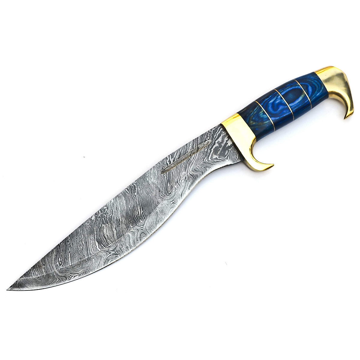 Skokie Knives Custom Hand Made Damascus Steel Hunting Knife Handle Blue Pakka Wood Brass Spacer