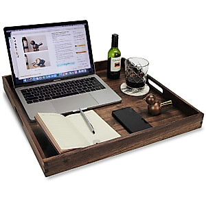 MAGIGO 19 x 19 Inches Large Square Black Walnut Wood Ottoman Tray with Handles, Serve Tea, Coffee Classic Wooden Decorative Serving Tray