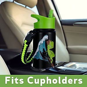 Dinosaur Water Bottle, 14 OZ, Leak Proof, 36 Hours Cold, Dishwasher Safe Lid, Removable Handle, Wide Mouth Double Wall Vacuum Insulated Stainless Steel Water Bottle For School, Straw, Bottle For Boys