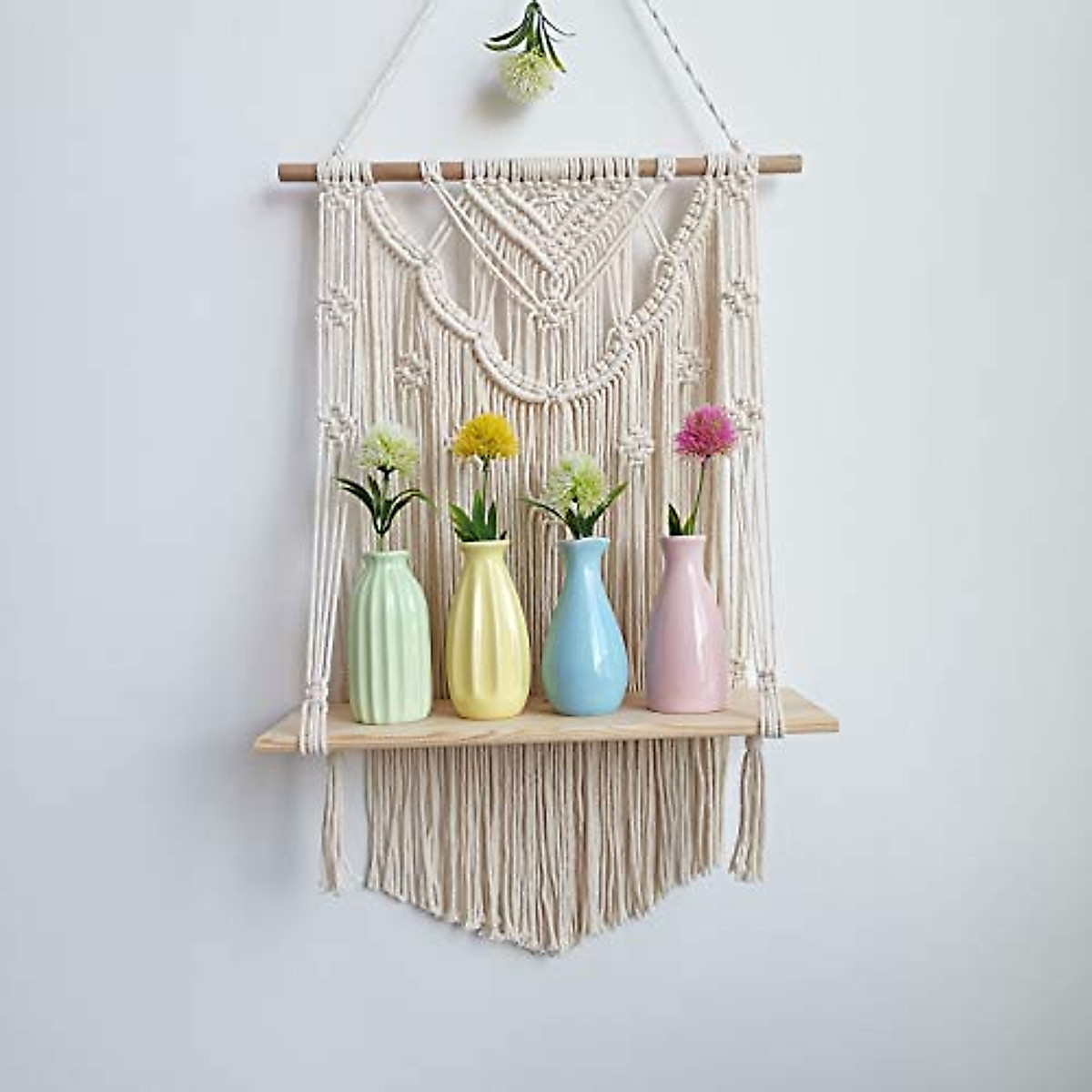 BLUETTEK Macrame Wall Hanging Shelf, Wood Hanging Shelf Organizer Hanger, Handmade Cotton Rope Bohomia Woven Home Wall Decor (Flower)