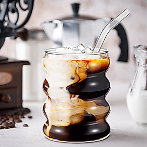 Tessco 4 Pcs Creative Glass Cups Vintage Drinking Glasses Ribbed Glassware Aesthetic Cups Entertainment Dinnerware Glassware with Straws Set for Kitchen Coffee Juice Beverage (Clear)