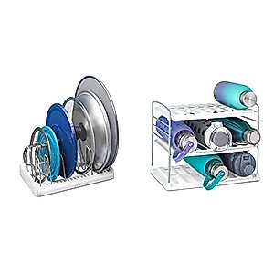YouCopia StoreMore Adjustable Pot Lid Organizer, Standard, White & UpSpace Water Bottle and Travel Mug Cabinet Organizer, Adjustable Storage Rack for Kitchen Organization, 3-Shelf