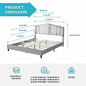 CECER Adjustable Headboard California-King Size Platform Bed Frame | Upholstered Bedframe with Headboard Covered in Dutch Velvet | Solid Wood Slat Support | Easy Assemble-Light Grey