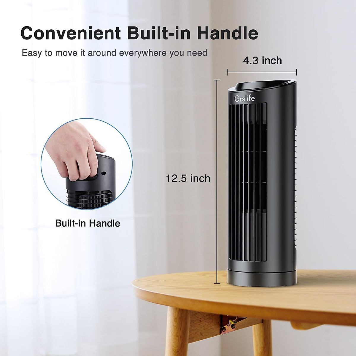Grelife 13" Bladeless Tower Fan with 70° Oscillation, Touch Screen and Remote Control, 3 Speeds, 4 Wind Modes, 12-Hour Timer - Compact Cooling for Home Office Bedroom