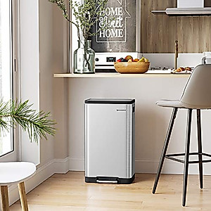 SONGMICS Trash Can, 12-Gallon Pedal Garbage Can, Stainless Steel Step Bin, Plastic Inner Bucket and Lid, Soft Closure, Fingerprint Proof, for Kitchen, Living Room, Silver ULTB007E01