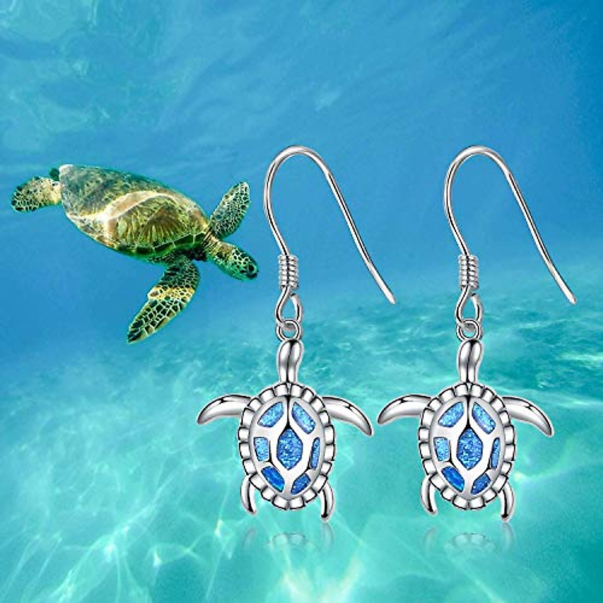 Sea Turtle Dangle Earring for Women - 925 Sterling Silver Blue Tortoise Drop Earring Beach Jewelry Gift for Ocean Lover