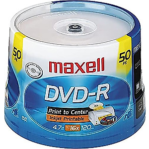 Maxell 638022 DVD-R Recordable Discs, Printable, 4.7GB, 16x, Spindle, White, 50/Pack