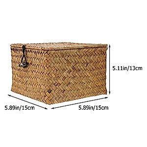 DOITOOL Basket Small Handwoven Rattan Storage Basket Seagrass Organizer Container with Lid Shelf Baskets with Lid Desktop Makeup Organizer Multipurpose Container (10x10x10cm) Small Basket
