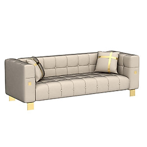 MoLiFaning 89" Modern Chesterfield Velvet Sofas Mid Century Modern Button Tufted Velvet Couches with 2 Pillows and Gold Legs,for Living Room Apartment Bedroom Office Beige