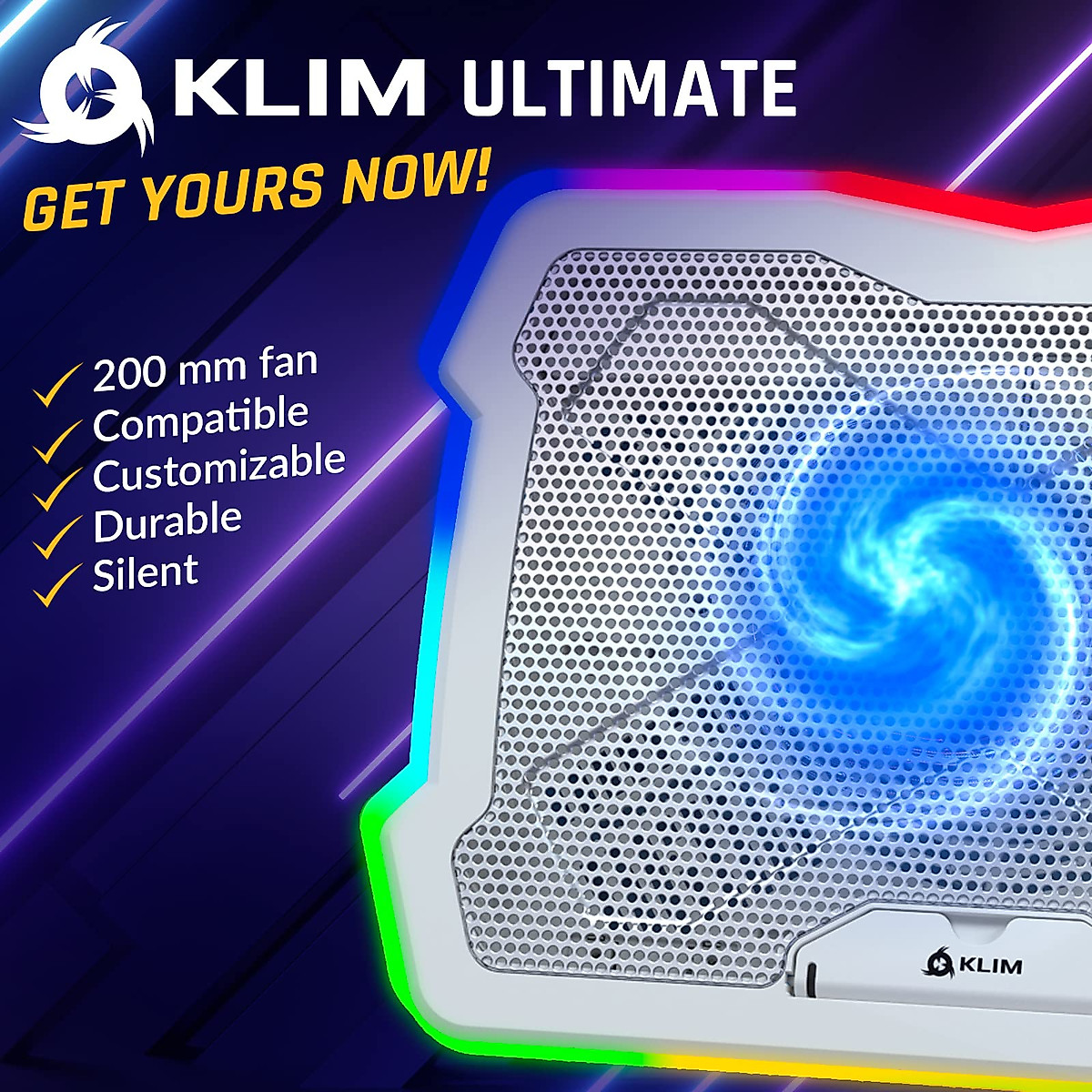 KLIM Ultimate + RGB Laptop Cooling Pad with LED Rim + New 2024 + Gaming Laptop Cooler + USB Powered Fan + Very Stable and Silent Laptop Stand + Compatible up to 17" + PC Mac PS5 PS4 Xbox One - White