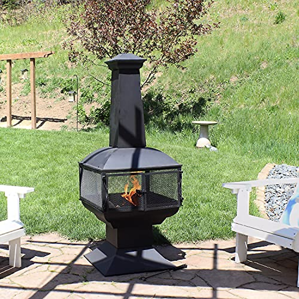 Sunnydaze 57-Inch Black Steel Chiminea with Log Grate, Cover, and Poker - Protective Mesh Screen - 360-Degree Fire View
