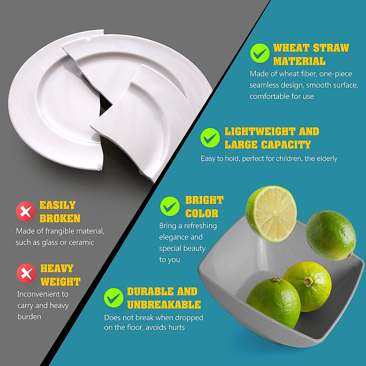 Teivio 32-piece Plastic Wheat Straw Square Dinnerware Set for 8, Unbreakable Dinner Plates, Salad Plates, Snack Bowls, Tumblers 20 oz, Dishwasher Safe, Grey