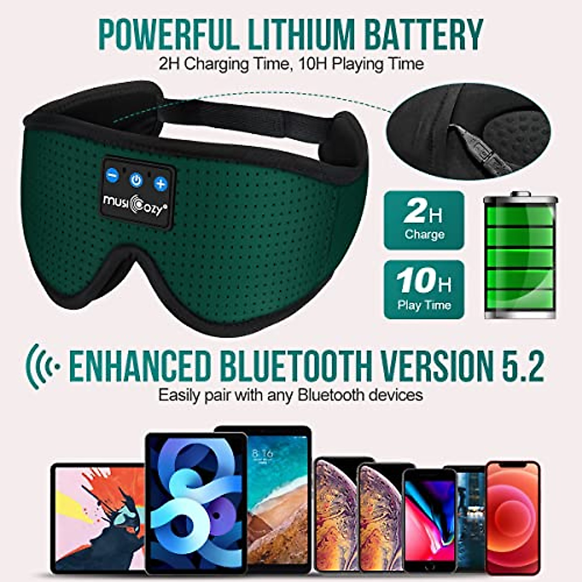 MUSICOZY Sleep Headphones Breathable Bluetooth Headband 3D Sleeping Headphones, Wireless Music Eye Mask Sleep Earbuds for Side Sleeper Women,Men Office Air Travel Cool Tech Gadgets Unique Gifts Green