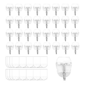 32 Hooks 40 Strips, Clear Small Wall Hooks for Hanging, Wire Toggle Hooks for Walls No Damage, Utility Hooks Heavy Duty with Adhesive Strips for Hanging Decorations in Living Spaces, No Tools.