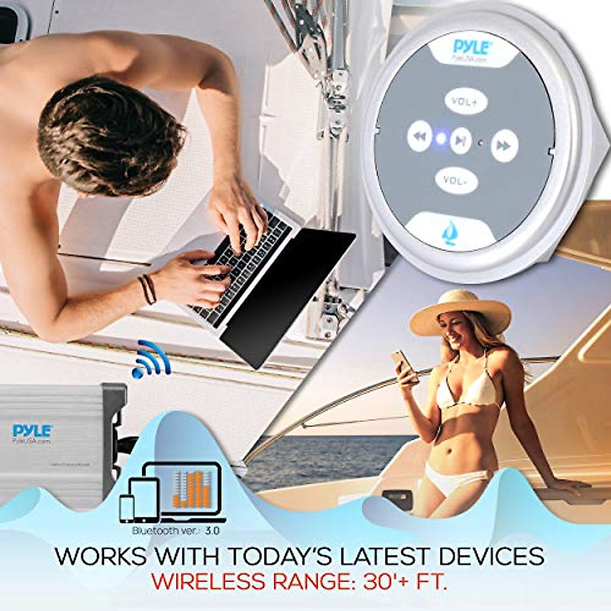 Waterproof Bluetooth Marine Amplifier Receiver - Weatherproof 2 Channel Wireless Amp for Stereo Speaker with 600 Watt Power, Wired RCA, AUX and MP3 Audio Input Cable - Pyle PLMRMBT5S (Silver)