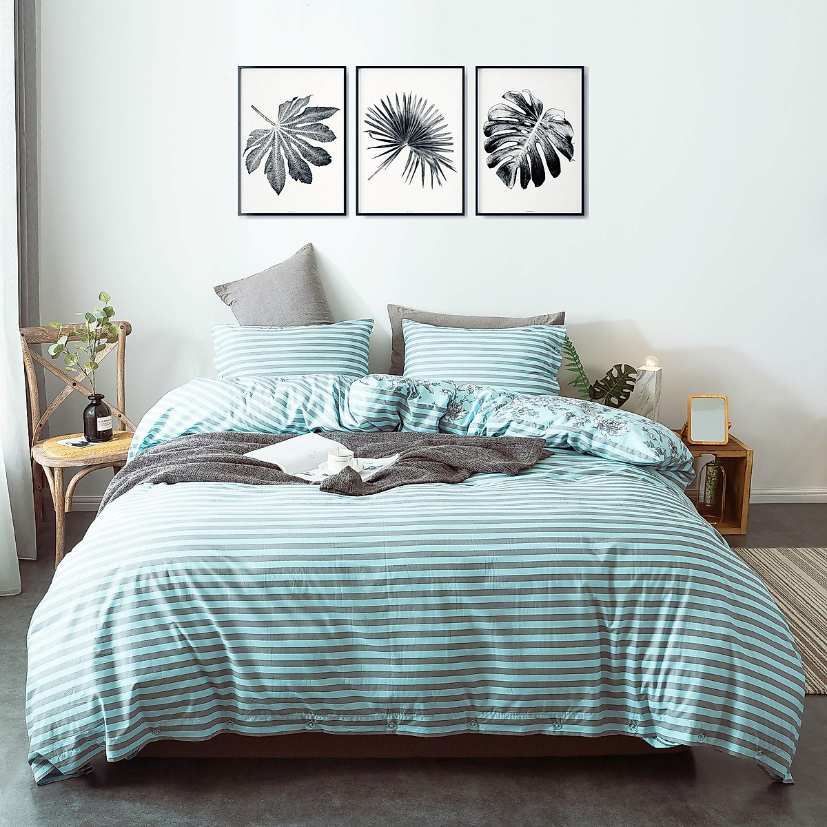 ANNA.Z HOME 3-Piece Cotton Duvet Cover Set. 100% Cotton Percale Fabric. Real Reversible Design. Pre-Washed Printed Fabrics. Soft and Easy Care. Modern Farmhouse Style. (Green, King Set)