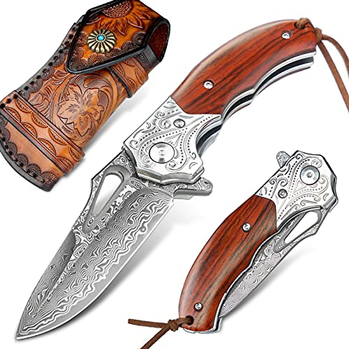 NedFoss Damascus Pocket Knife for Men, 6.5" Handmade Forged VG10 Damascus Steel Folding Knife with Retro Leather Sheath, Sandalwood Handle, EDC Cool Knives for Mens Gift