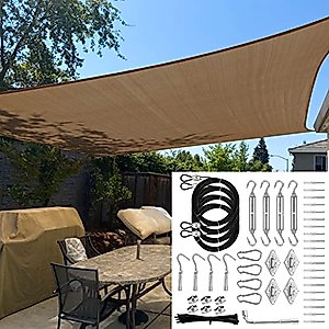 Sun Shade Sail 16'x16' Brown & Shade Sail Hardware Kit with Nylon Coated Cable Wire
