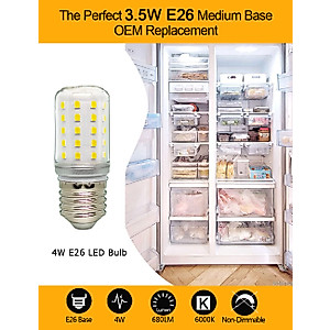 Tupolife E26 Refrigerator Light Bulb AC100-265v 3.5w Replacement Compatible with Frigidaire Appliance Fridge LED Lamp, 4W 40W Equivalent Cool White 6000K, 2 Pack