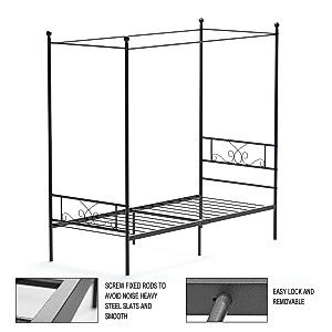 Weehom Twin Canopy Bed Frame with Headboard and Footboard, 4 Posters Metal Bed Frame, No Box Spring Needed, Mattress Foundation Platform Bed for Kids and Adults, Black