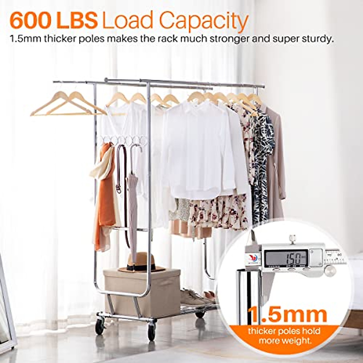HOKEEPER 600 lbs Commercial Clothing Garment Rack with Shelves Clothing Racks on Wheels Rolling Closet Clothes Rack Heavy Duty Portable Collapsible Adjustable, Chrome Finish