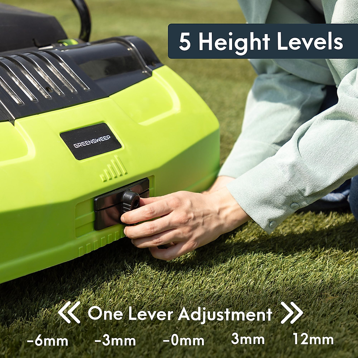 GreenSweep V2 - Artificial Grass Electric Sweeper Rake Vacuum 45L Collection Bag,5 Adjustable Heights, Foldable Handle