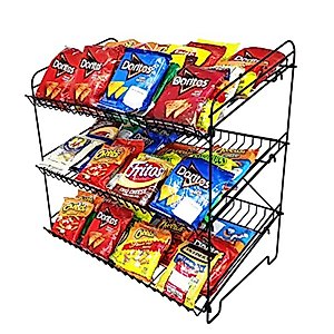 FixtureDisplays® 24" Wide X 14.9" Deep X 23.2" Tall 3-Open-Shelf Wire Rack for Countertop Chips Snack Book Display Organizer Concession Theatre Kitchen Pantry Stand Black 19396NEW