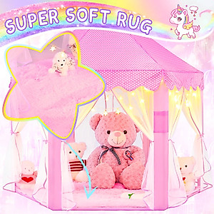 EVOIONOS Princess Tent for Girls, Kids Play Tent with LED Star Lights, Castle Playhouse for Children Indoor Outdoor Games, 55X53 inches, Pink