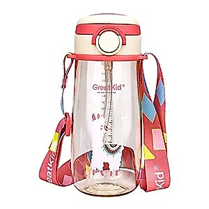 owsdon Kids Water Bottle for School,16oz Soft Straw Bottle for Boys Girls,Easy Drink,Spill Proof,Carry Handle for Child (Alpaca,Pink)