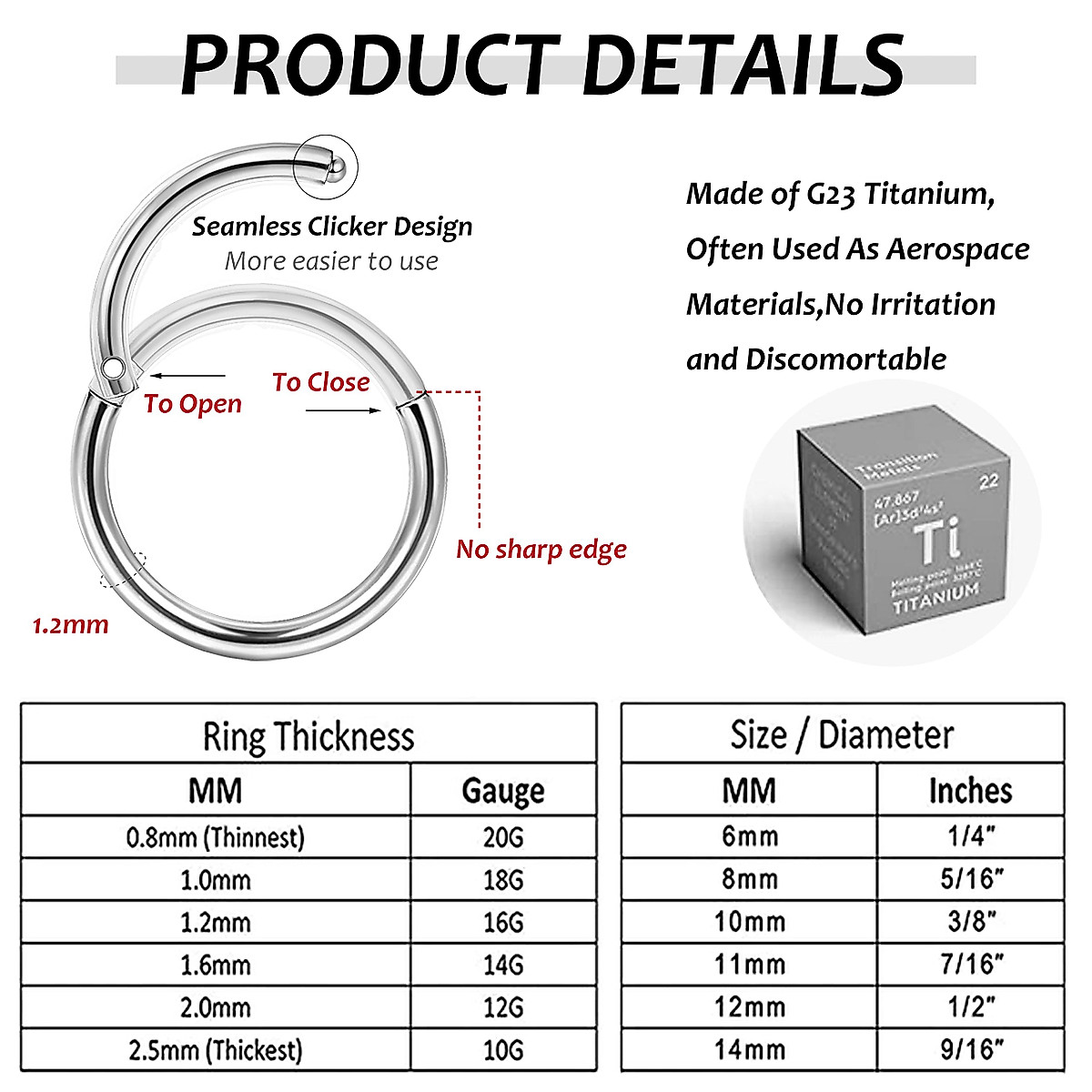 LOYALLOOK G23 Titanium Hinged Clicker Segment Nose Rings Hoop Septum Nose Lip Ring Hoop for Women Men Helix Cartilage Daith Tragus Sleeper Earrings Body Piercing Improved 16G Silver Tone