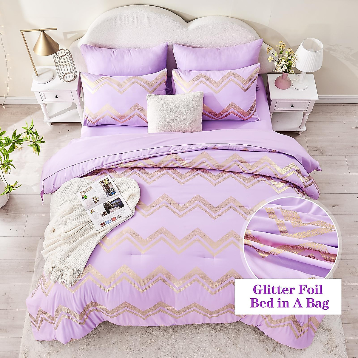 Wowelife 6 Piece Purple Twin/Twin XL Comforter Set for Girls Twin Bedding Sets Lavender Bedding Bed in A Bag Twin Bed Sets with Comforter, Flat Sheet, Fitted Sheet, 1 Pillowcase and 2 Pillow Shams