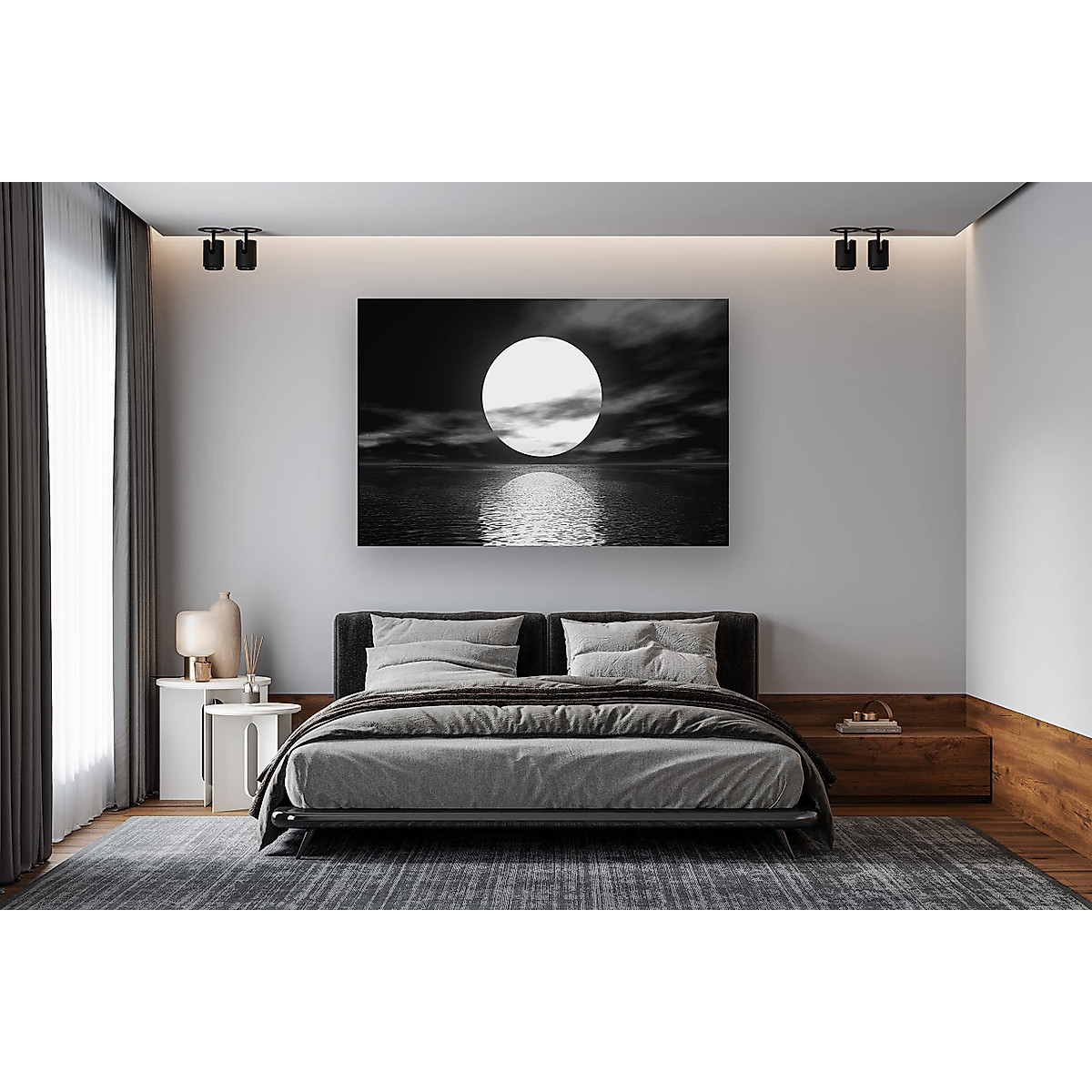 Cao Gen Decor Art S06481 Wall Art Canvas Sea White Full Moon in Night Picture Canvas Poster Print Black and White Ocean for Living Room Bedroom Kitchen Home Decorations Framed Artwork