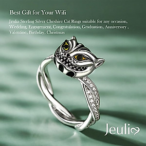 Jeulia Sterling Silver Cheshire Cat Rings for Women ​Enamel Rings Handmade Diamond White Fancy Black Cubic Zirconia ​Bridal Set Wedding Anniversary Engagement Promise with Jewelry Gift Box, silver,