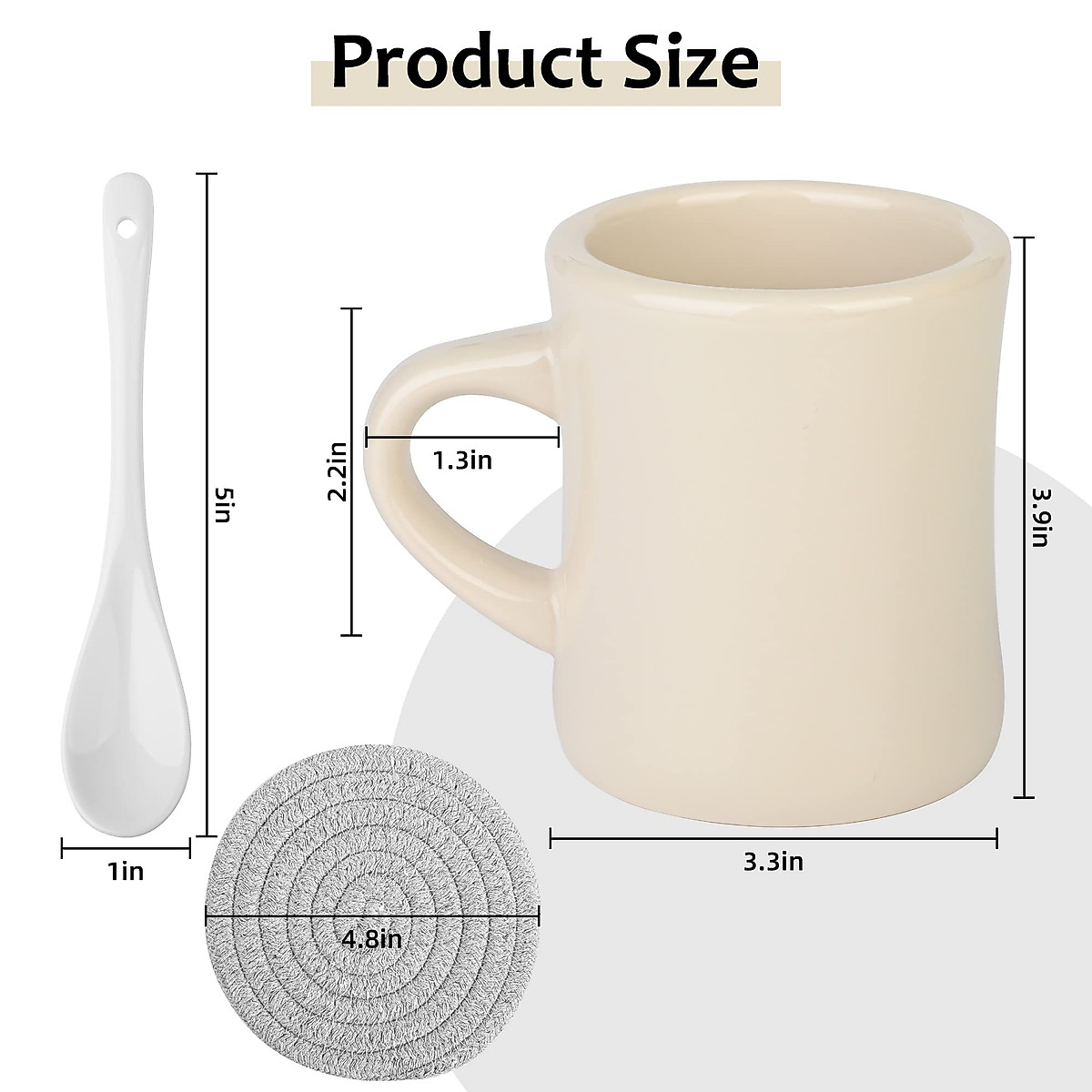 BYCNZB 11oz Ceramic Diner Coffee Mug set Stoneware Coffee Cups Set for Restaurant, Diner, Farmhouse, Coffee Shop, Home set of 4 with Coffee spoons and Woven Coasters (Cream)