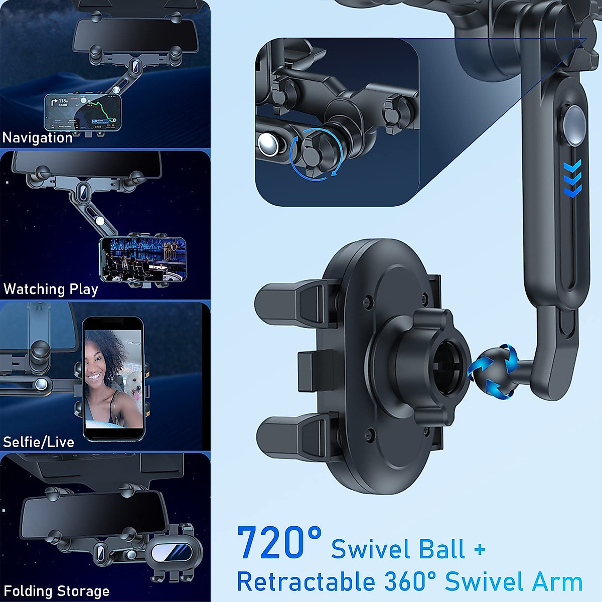 SINSEN Phone Mount for Car Rearview Mirror, Cell Phone Holder with Extra Vent Mounting Clip, 720° Rotatable Retractable Universal Fit, Eye Level Hands-Free GPS