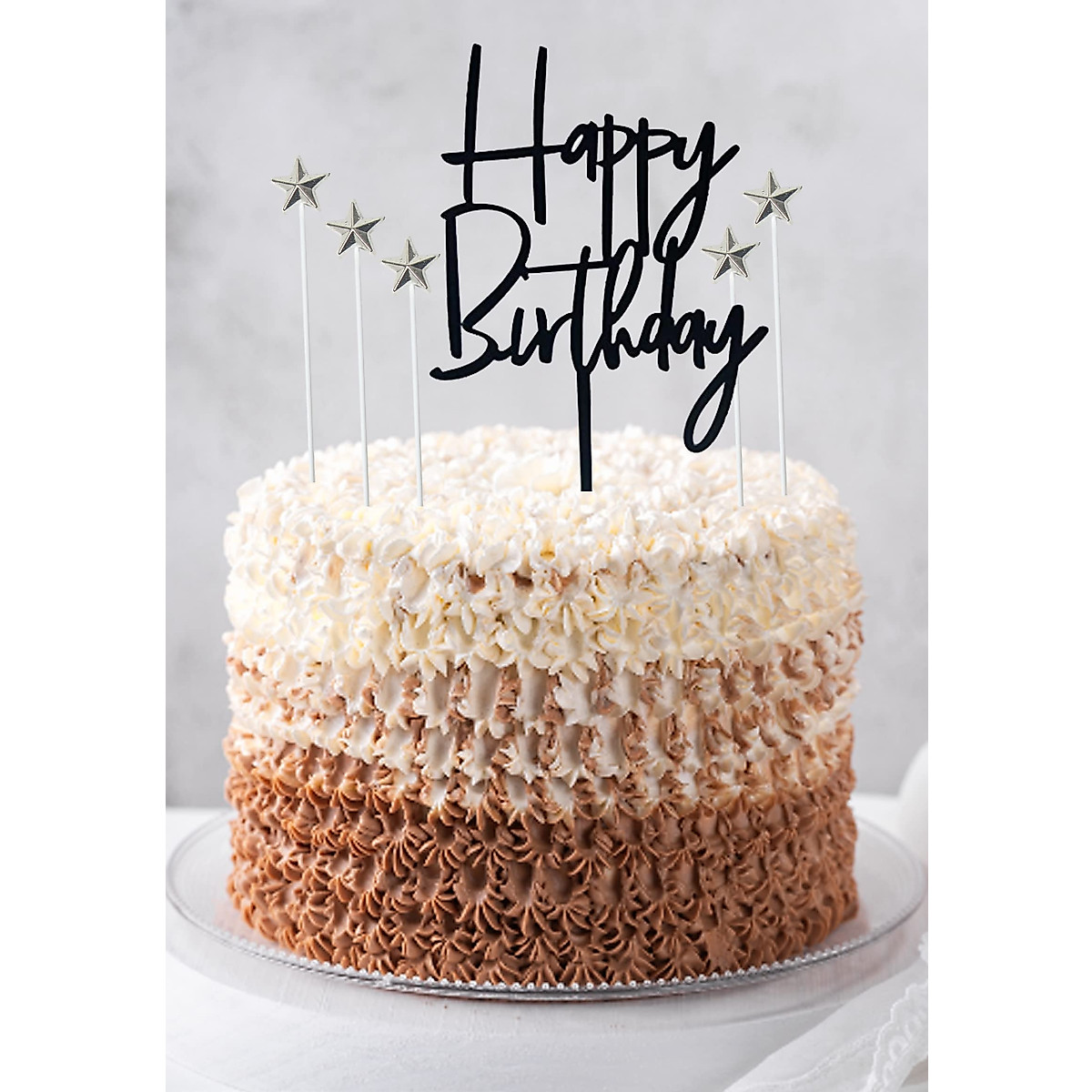Set of 1 Black Acrylic Happy birthday Cake Topper,5 pcs silvery Star Cake Cupcake Topper(Black 1)