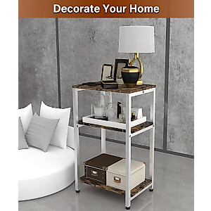 Tigerden 3 Tier Side Table, Heavy Duty End Table with Shelves, Narrow nightstand Table for Small Spaces, Record Player Table for Bedroom, Living Room, Sofa Couch - Rustic Brown & White