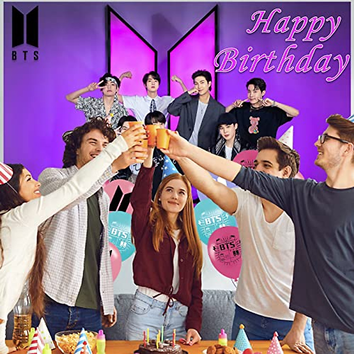 BTS Birthday Party Decoration, BTS Bangtan Boys Party Photo Backdrop 5 x 3 FT and 24 Pcs BTS Balloon, BTS Merch Background Supplies for Army, Fans