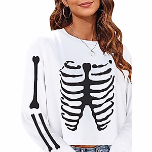Halloween Crewneck Sweatshirt Women Cropped Skeleton Sweatshirts Jumper Pullover Tops White XL