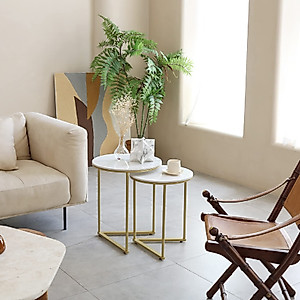 Wisfor Nesting Side Table Set of 2 Gold Marble Nesting Accent Table Set with Sintered Stone Desktop for Living Room