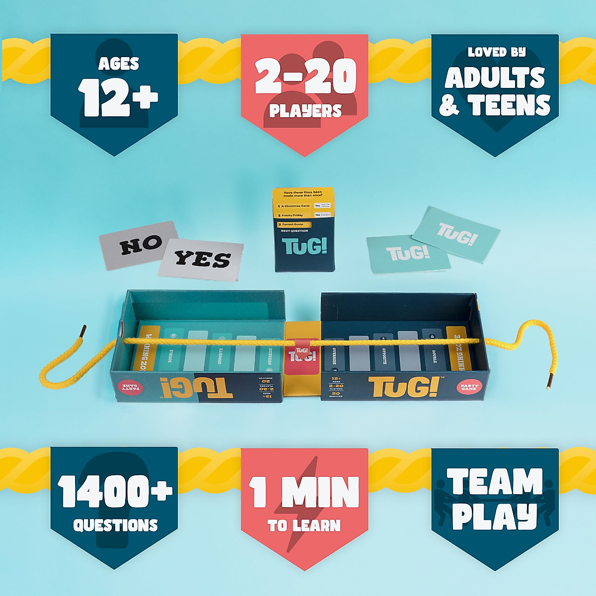 TUG! Trivia Battle Board Game | 2-20 Players | Tuga War in a Box | Party Game | Adults & Kids 12 13 14 15 + | 1400 Questions | Best Fun Card Games for Family, Couples, Teens