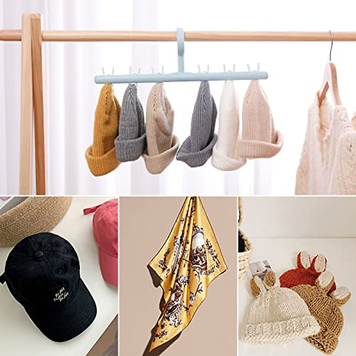 Yesesion Hat Organizer Set, 2 Pack Hanging Hat Rack for Baseball Caps, Blue Hat Hanger Holder for Closet with 6 Clips, Hat Organizer Hanger Storage Holder for Home, Entryway, Bedroom (Blue/White)