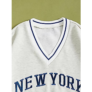 SOLY HUX Women's New York Letter Graphic Sweatshirt V Neck Long Sleeve Casual Pullover Tops Light Grey Letter L
