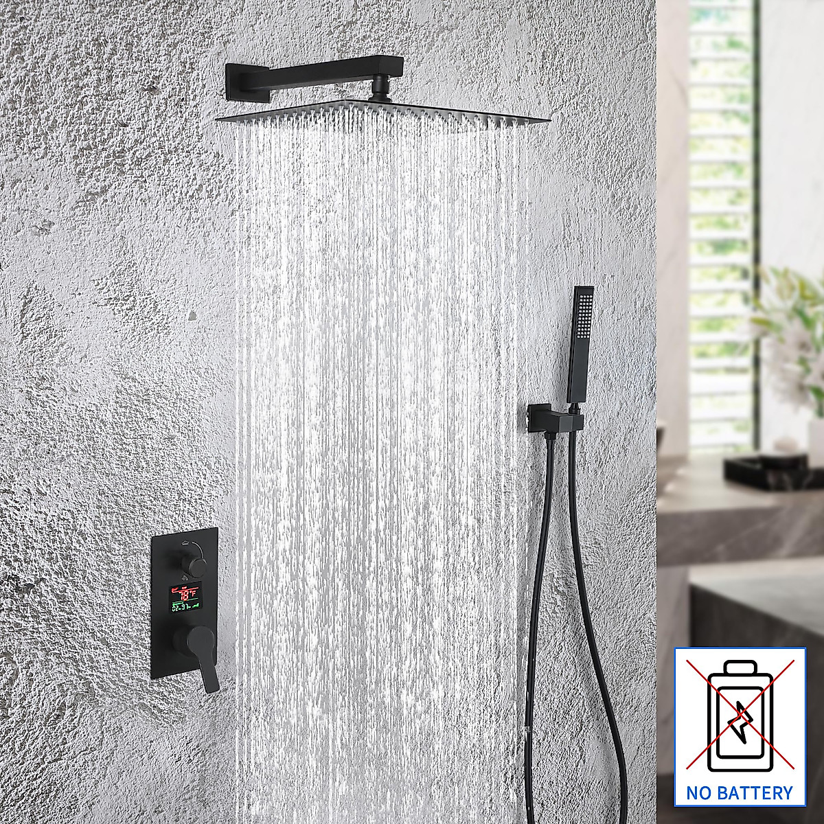 SKOWLL Rain Shower System Wall Mount 12 Inch Bathroom Overhead Shower Kit Digital Shower Fixtures Set with 2 Function LCD Display Valve, 7416W-MB Matte Black