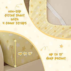 Bedmoon Boys Girls Twin Sheets, Kids Yellow Star Bed Sheet Set with Non-Slip Fitted Sheet, Boys Girls Star Soft Microfiber Twin Sheets & Pillowcases