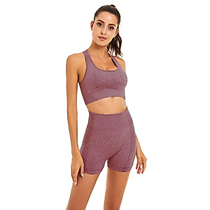 Toplook Women Seamless Yoga Workout Set 2 Piece Outfits Gym Shorts Sports Bra (Wine, Medium)