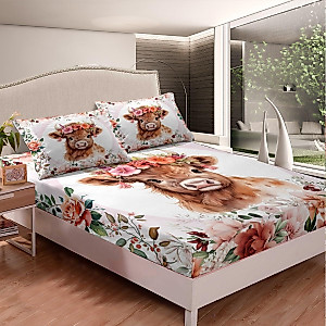 Feelyou Cute Highland Cow Sheet Set Twin Size Kids Cartoon Animal Sheets with Deep Pocket Fitted Sheet for Boys Girls Teens Flower Floral Print Bed Sheets Set Farm Zoo Garden Theme Bedding Set