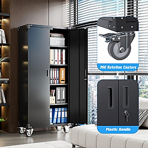 Aobabo 72 Inches Metal Garage Storage Cabinet with Wheels, Locking Metal Storage Cabinet with 4Shelves, Rolling Tool Storage Cabinet on Wheels, Assembly Required,Black