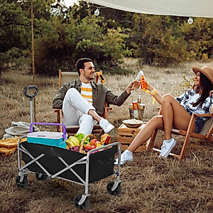 Collapsible Folding Wagon Wheels Lockable, Heavy Duty Utility Wagon Cart with All Terrain Wheels & Drink Holders for Camping, Garden, Sports, Picnic, Shopping, Black