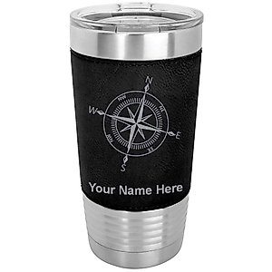 LaserGram 20oz Vacuum Insulated Tumbler Mug, Compass Rose, Personalized Engraving Included (Faux Leather, Black)